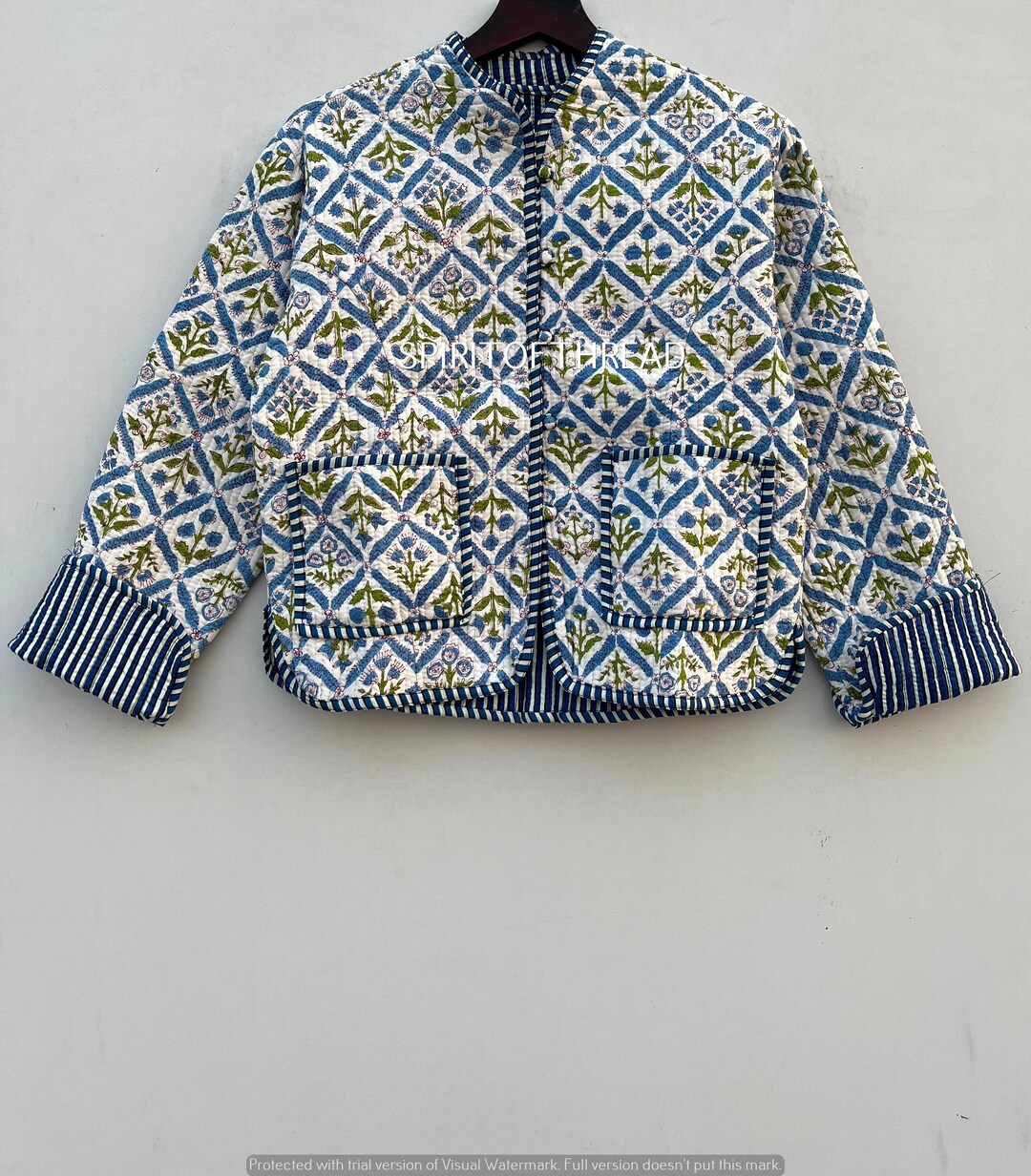 Cotton Quilted Jacket Women Wear Front Open Kimono Stripe Piping ...