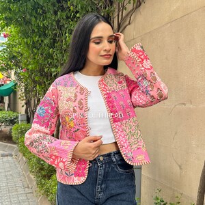 Pink Handmade Patchwork Jacket, Hand Stitched Cotton Patchwork Jacket ...