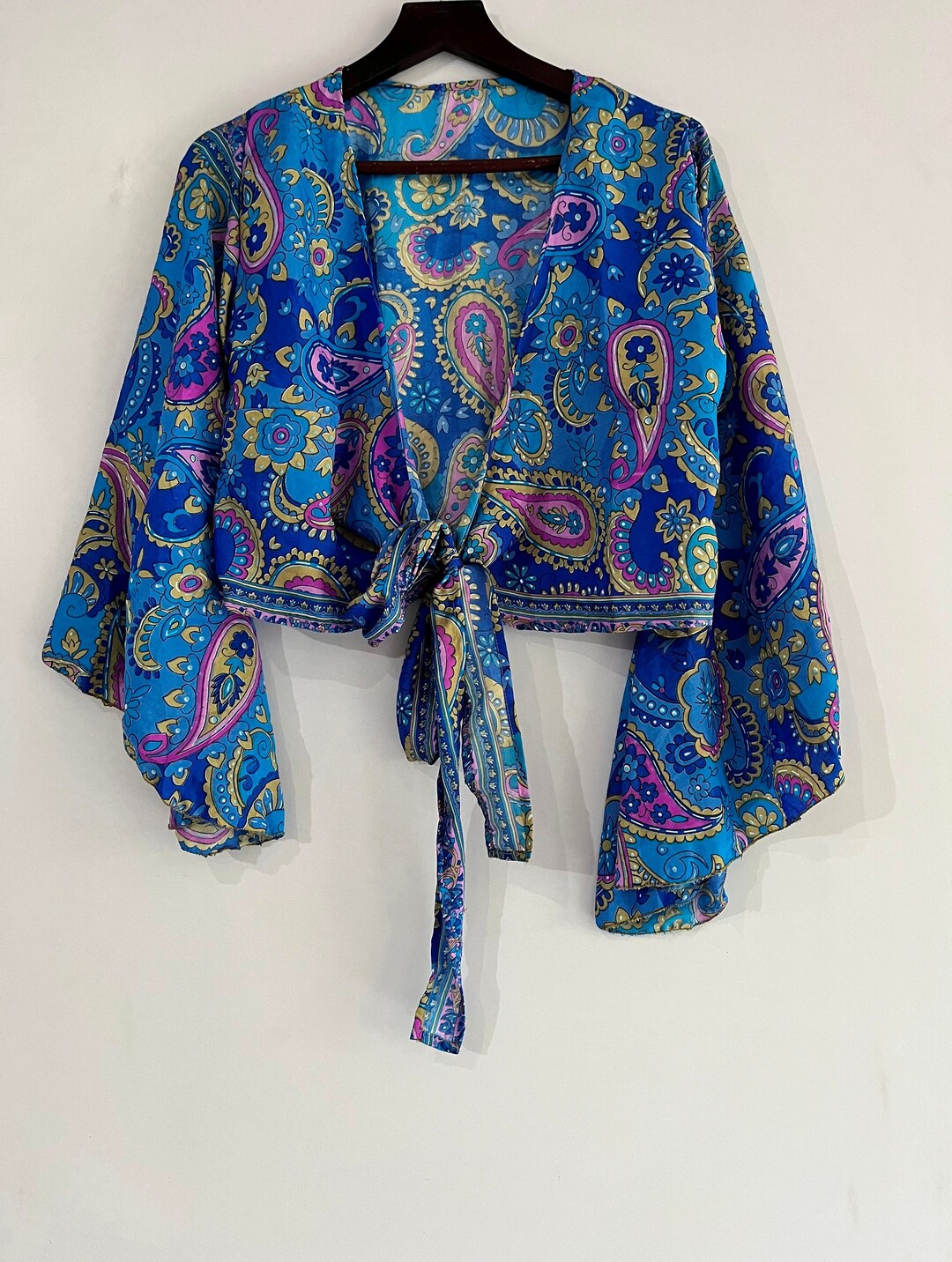 Floral Printed Silk Crop Top, Indian Handmade Bell Sleeve Silk Tie Top ...