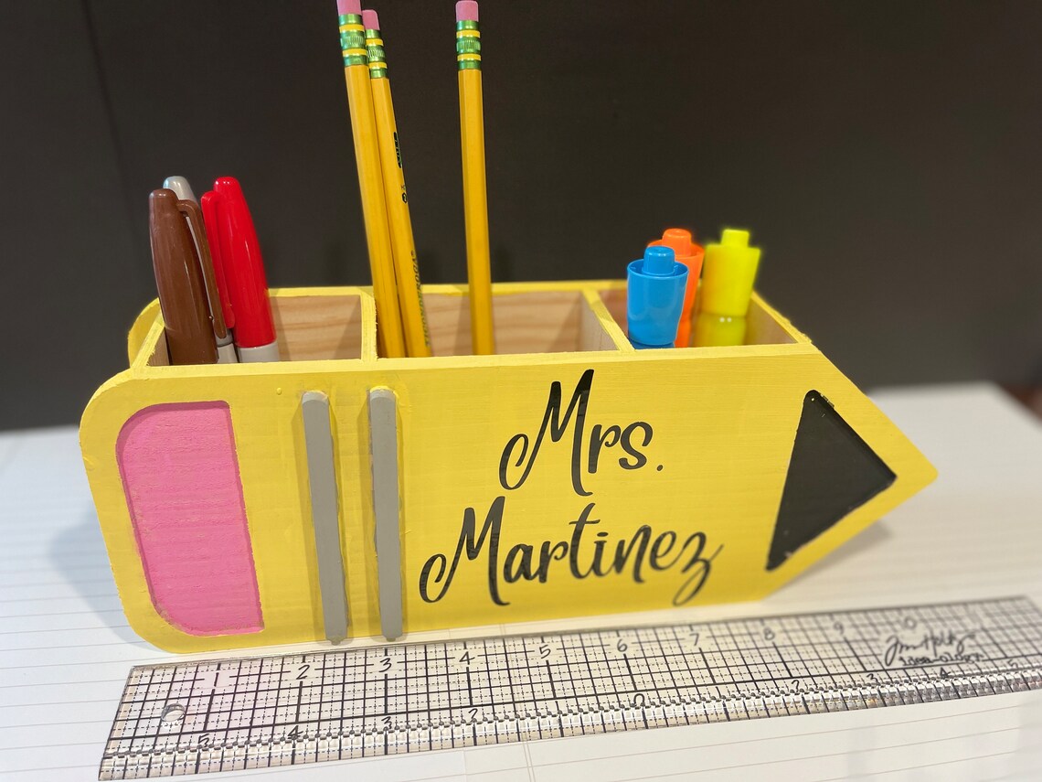 Personalized Teacher Wooden Pencil/apple Holder Desk/pen - Etsy