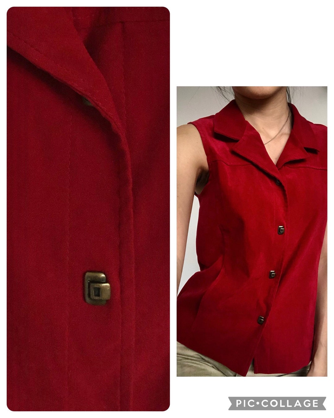 Vintage 60s Red Collared Button-down Vest With Metal Snap Buttons Made ...