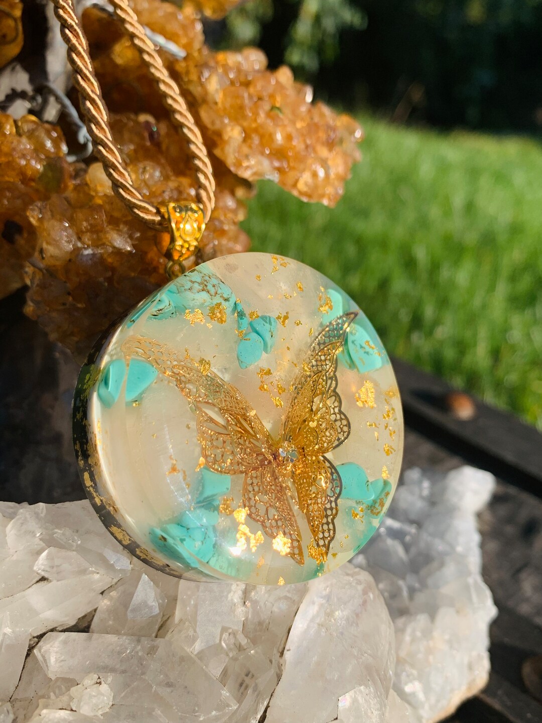 Turquoise & Rose Quartz Butterfly EMF Protection Pendant, Magical ...