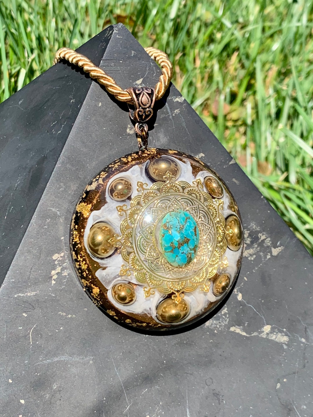 Copper Turquoise Cabochon, Brass Spheres Orgone Pendant With 24K Gold ...
