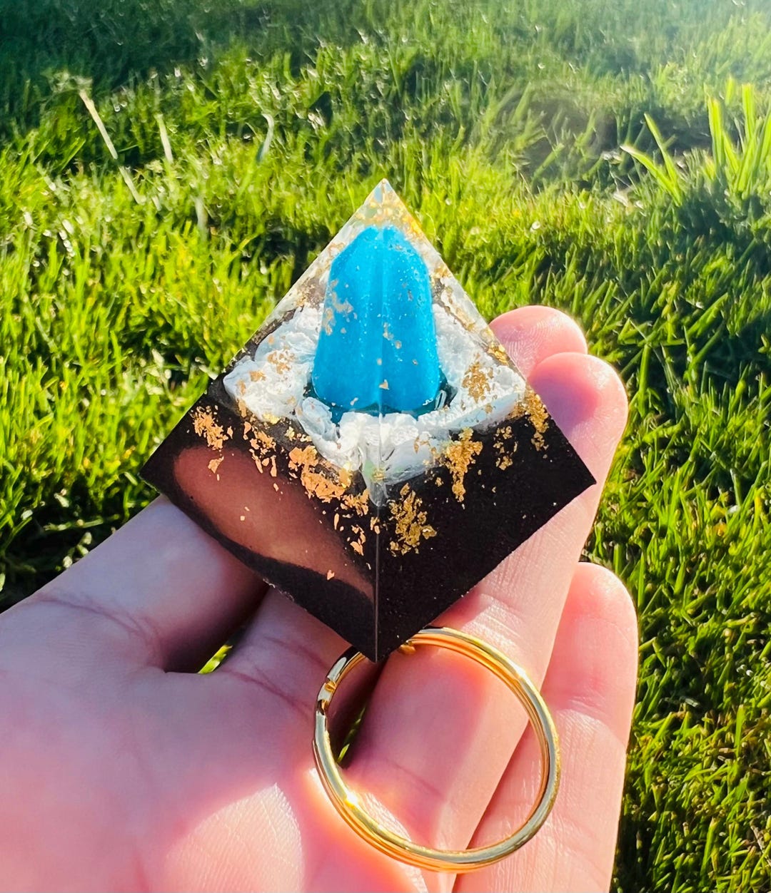 Blue Quartz Orgone Energy Keychain, 24K Gold, EMF Protection, Crystal ...