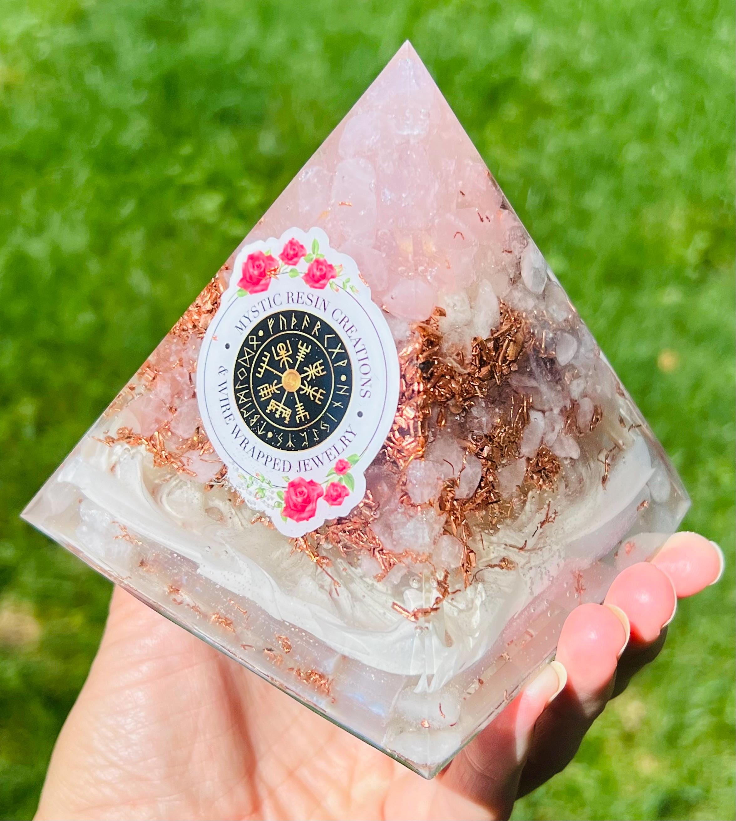 Orgone EMF Protection Pyramid, Clear Quartz, Rose Quartz, Spiritual ...