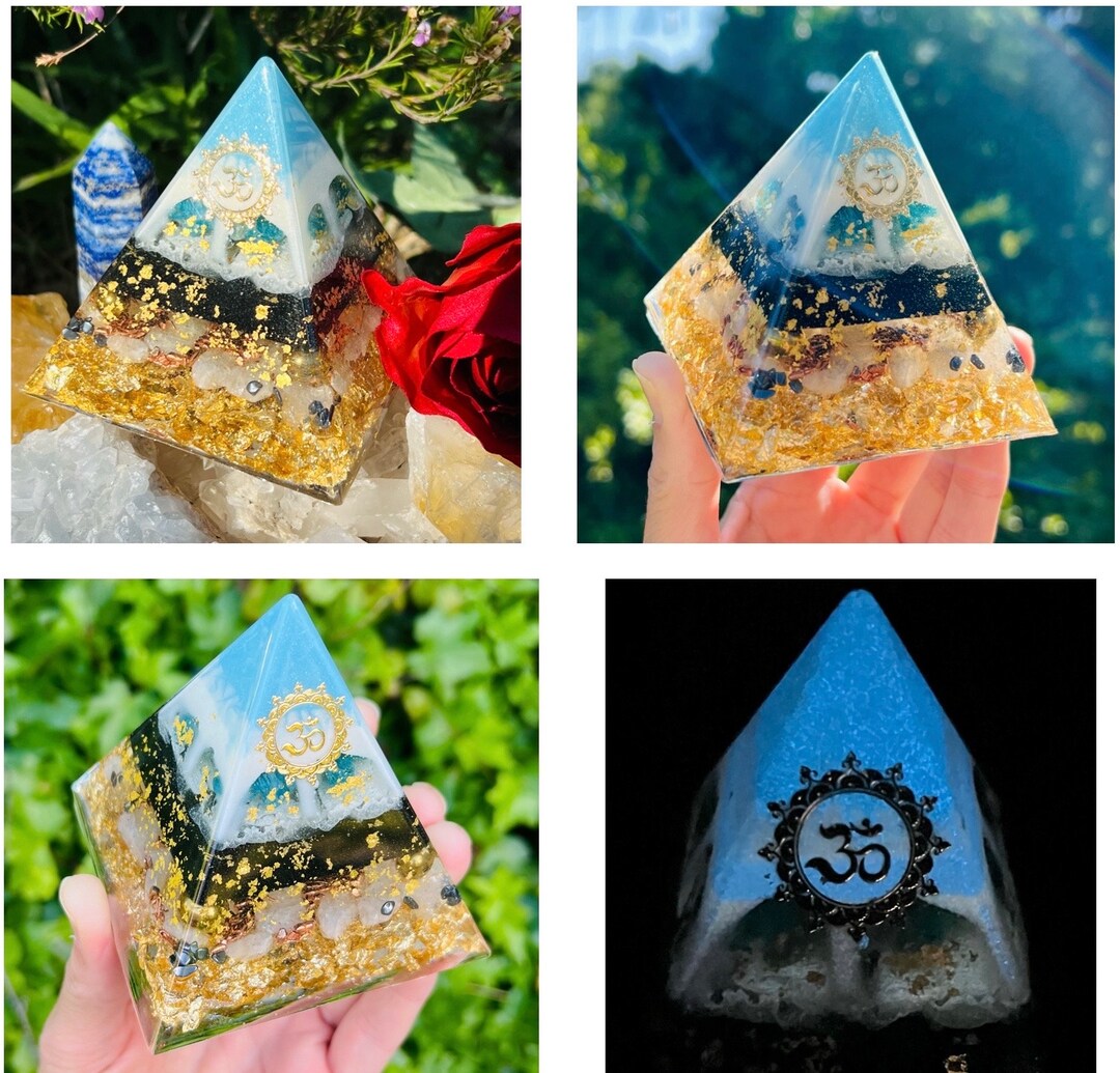 Om Symbol Unique Glow in the Dark EMF Protection Pyramid, Blue Apatite ...