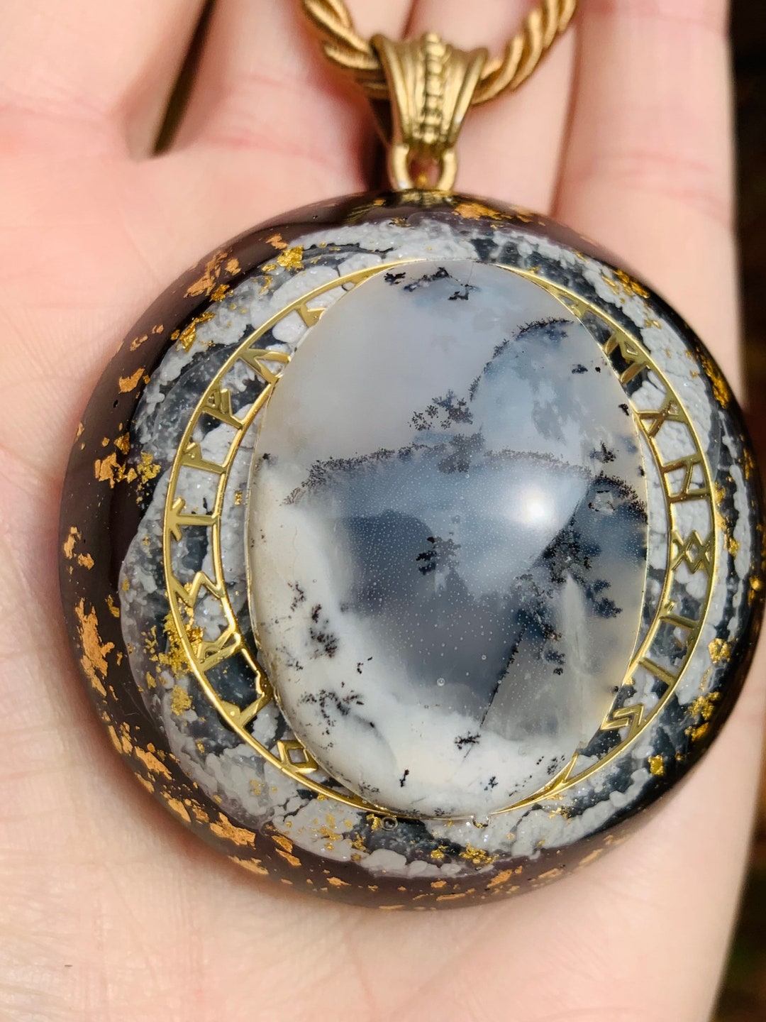 Dendritic Opal Viking Runes 24K Gold & Shungite Pendant, Witch Jewelry ...