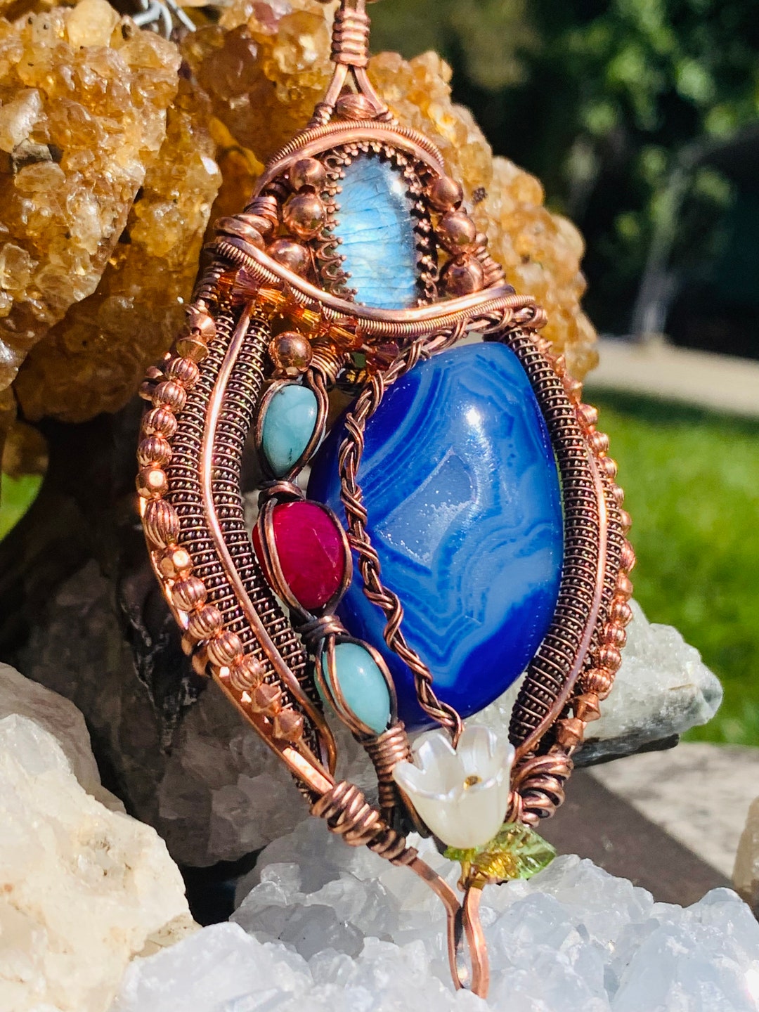 Blue Geode Agate Wire Wrap, Goddess Wear, Crystal Necklace, Larimar ...