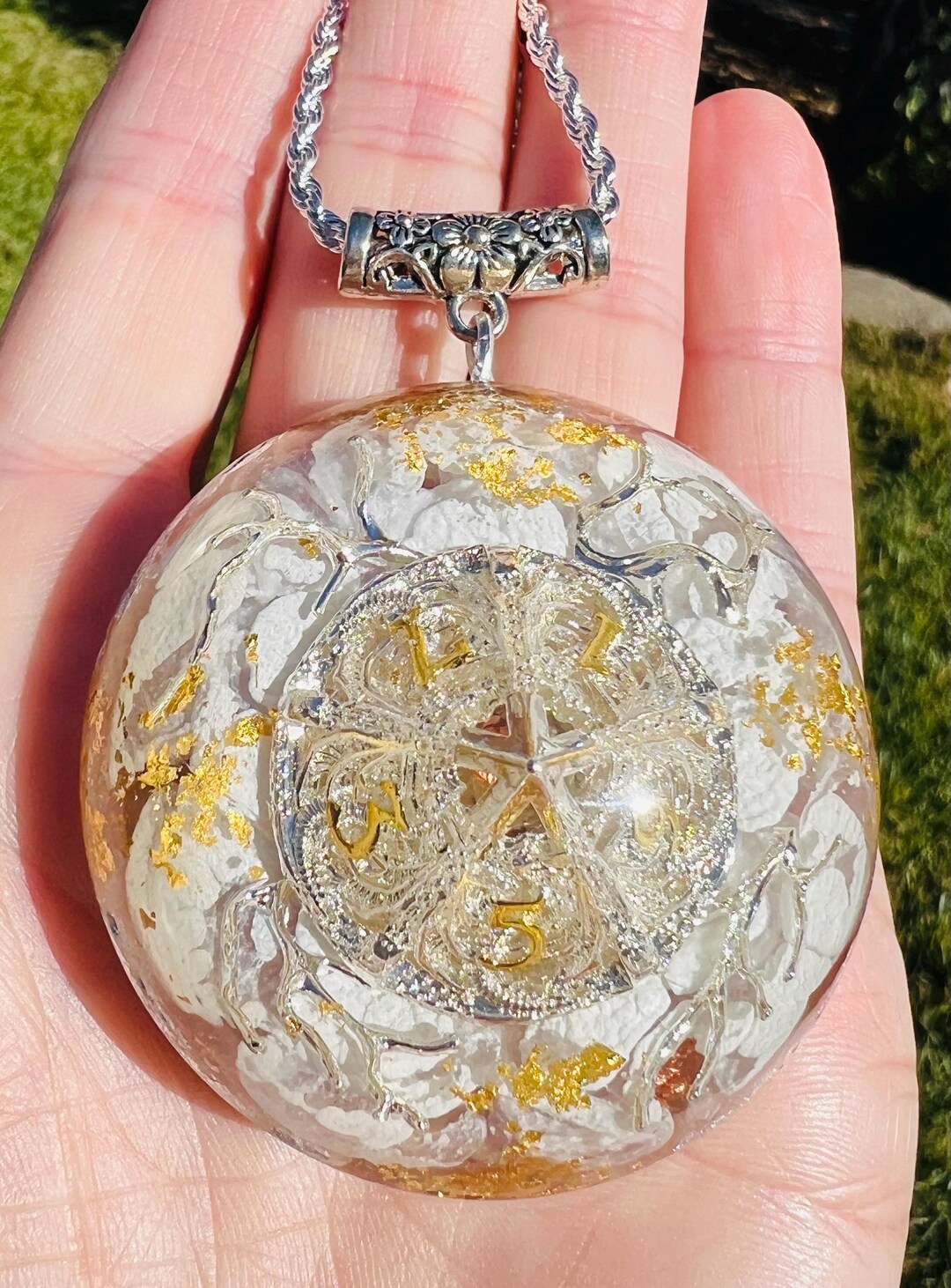 Twelve Sided Dragon Dice Orgone Pendant, Silver & Gold, 24K Gold, Clear ...