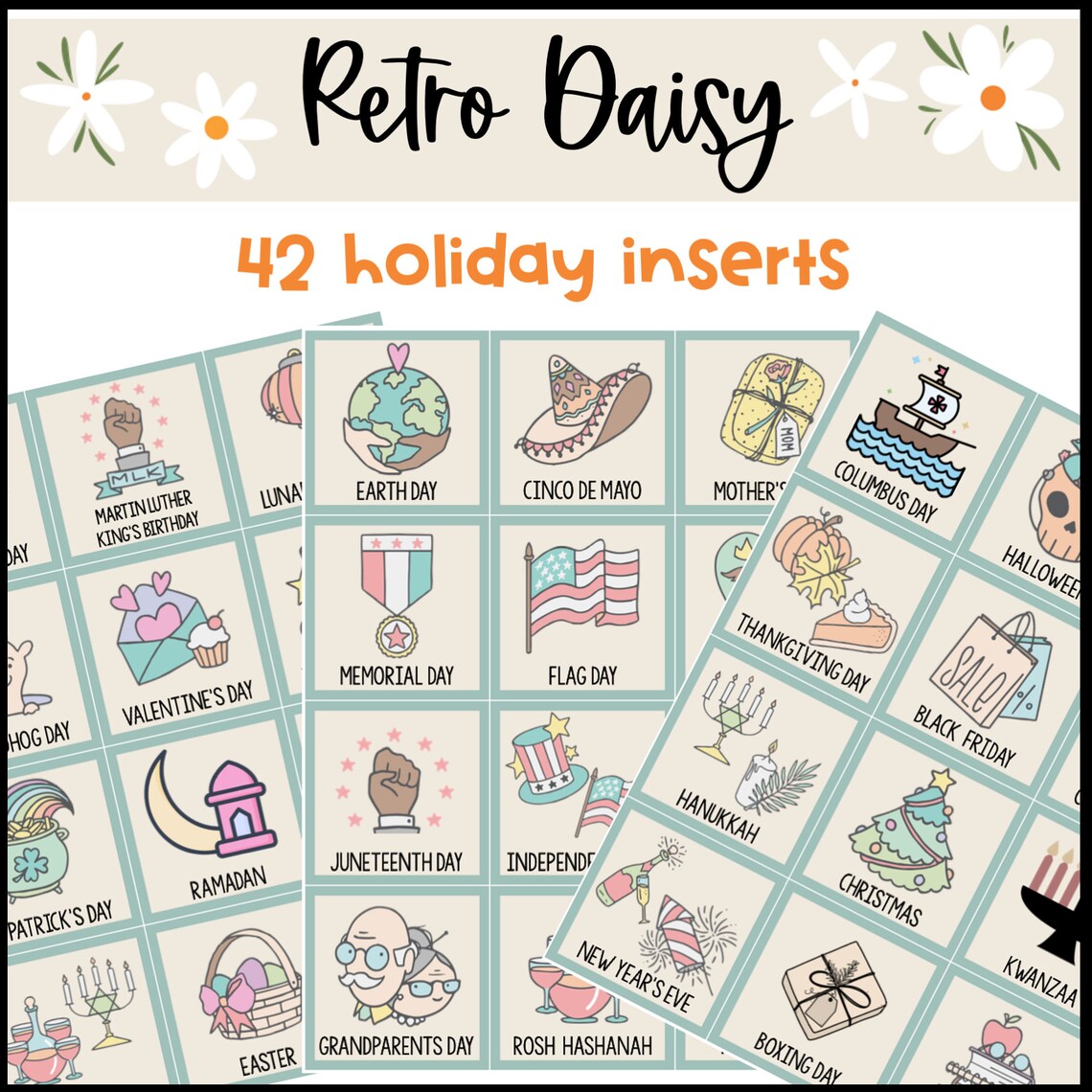 Retro Boho Daisy Themed Editable Calendar Inserts Calming Color ...