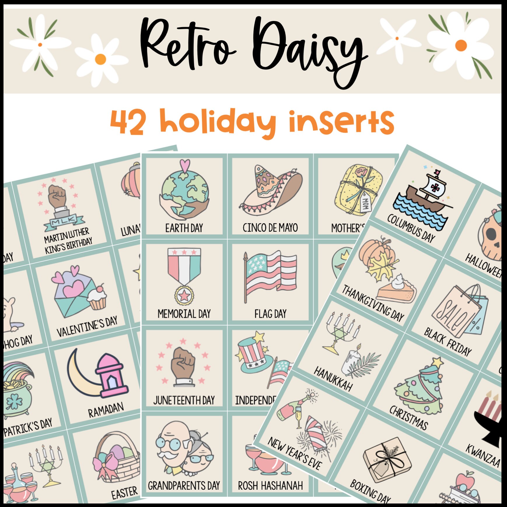 Retro Boho Daisy Themed Editable Calendar Inserts Calming Color ...