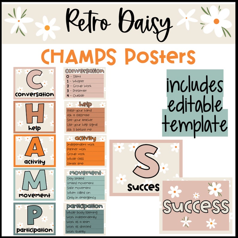 Retro Boho Daisy Themed CHAMPS Posters Classroom Decor⎮editable - Etsy