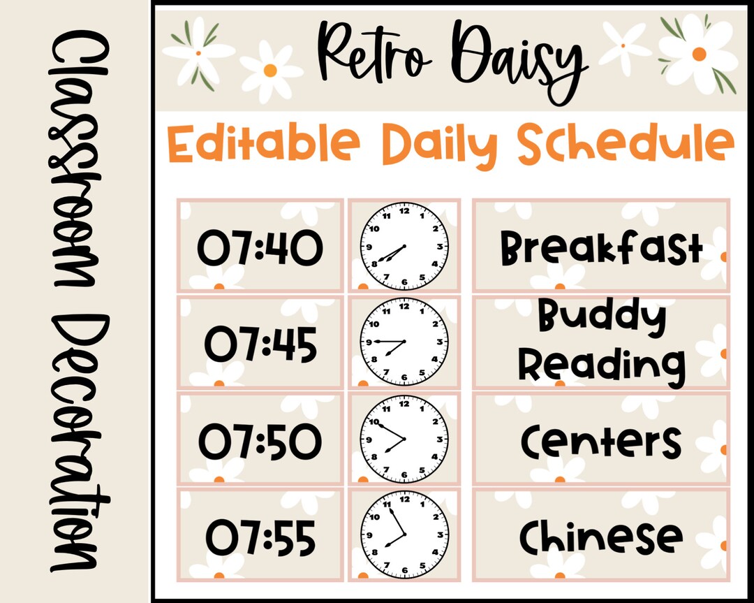 Retro Boho Daisy Themed Daily School Schedule Calming Classroom Decor ...