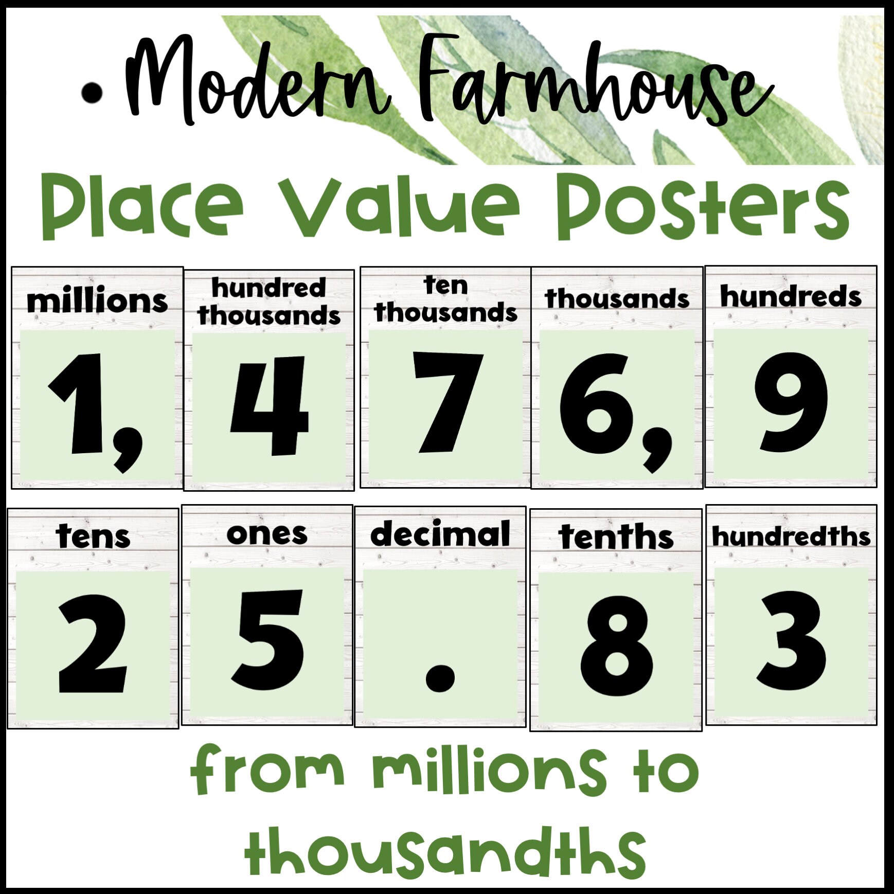 Modern Farmhouse Place Value Posters Watercolor Classroom - Etsy