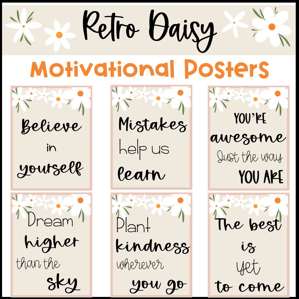 Retro Boho Daisy Themed Motivational Posters Calming Classroom - Etsy