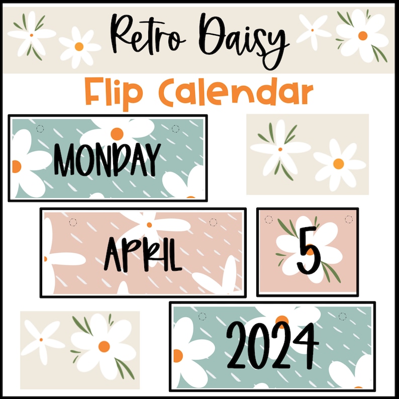 Retro Boho Daisy Themed Editable Flip Calendar Calming Color Classroom ...