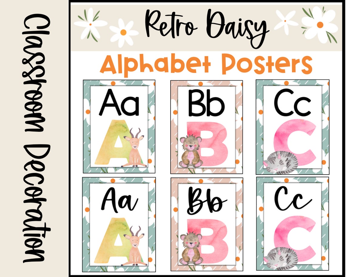 Retro Boho Daisy Themed Alphabet Posters Calming Color Classroom Decor ...