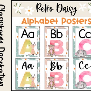 Retro Boho Daisy Themed Alphabet Posters Calming Color Classroom Decor ...