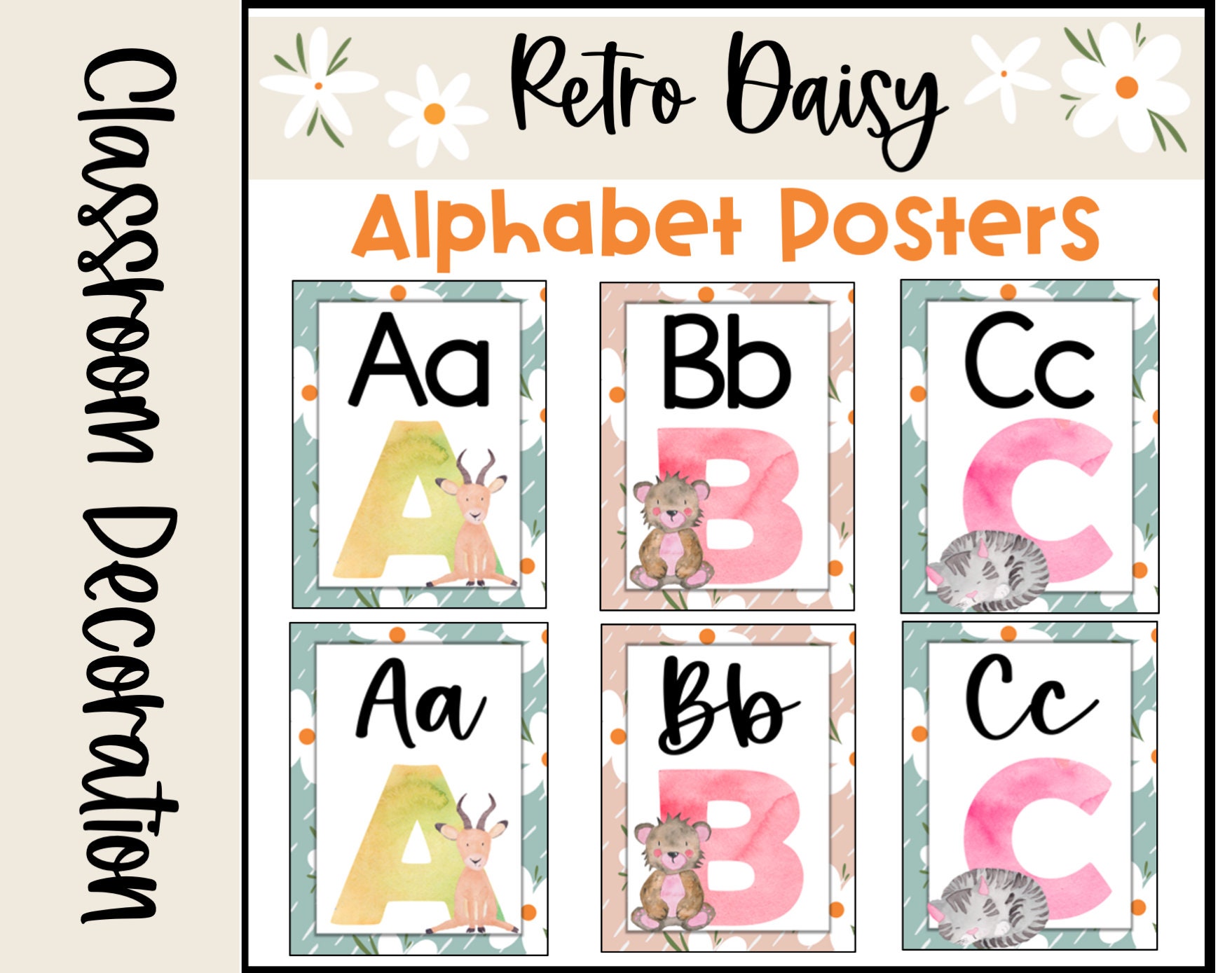 Retro Boho Daisy Themed Alphabet Posters Calming Color Classroom Decor ...