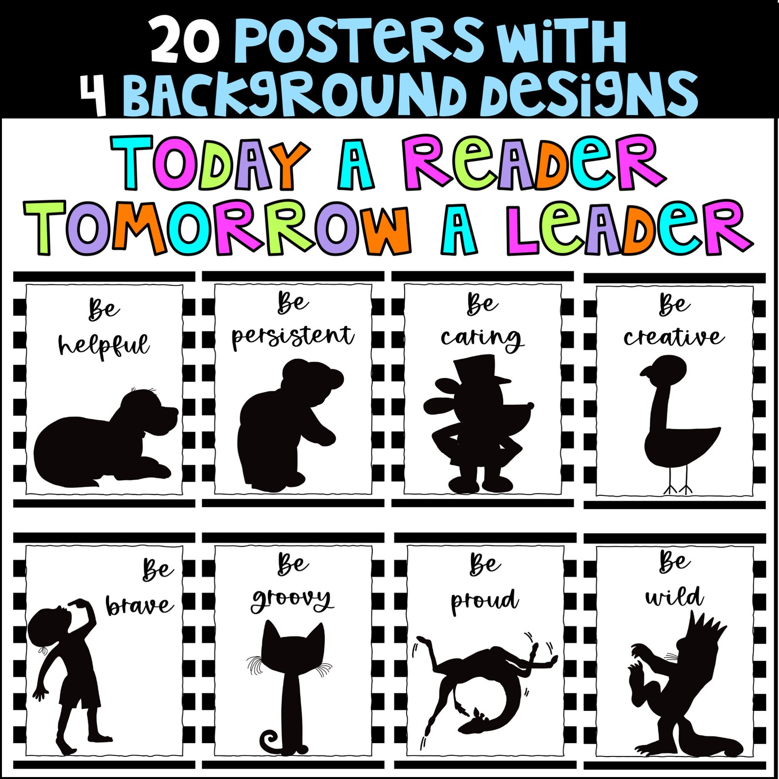 Classroom Library Posters With Book Character Silhouettes and Quotes ...