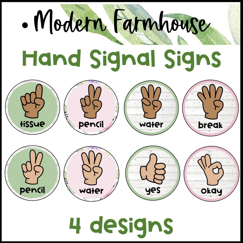 Modern Farmhouse Hand Signal Signs Calming Watercolor Classroom Decor ...
