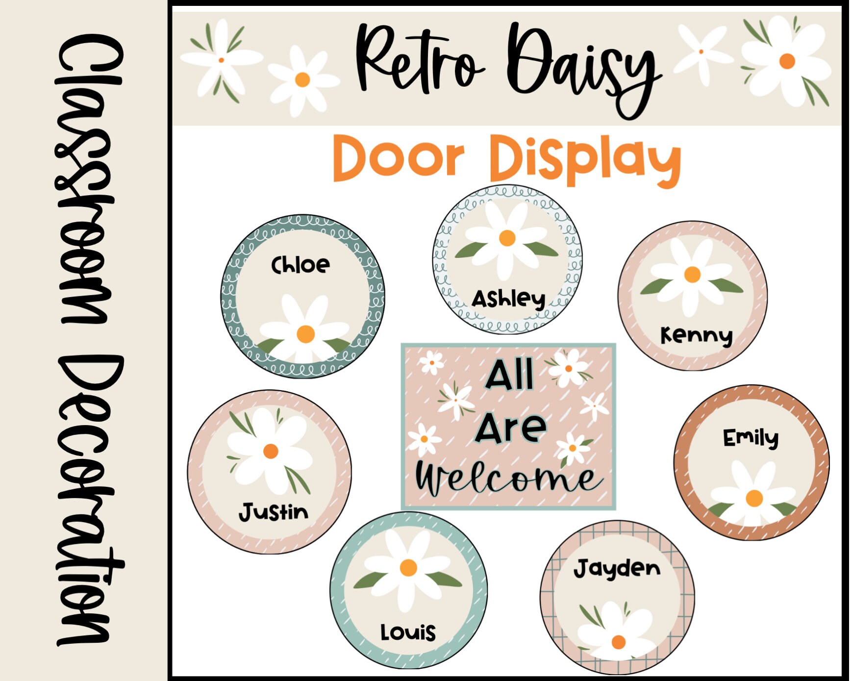 Retro Boho Daisy Themed Door Display Calming Classroom Decoreditable - Etsy