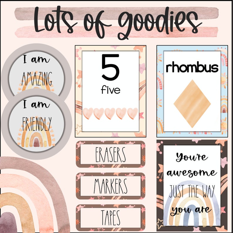 Boho Rainbow Classroom Decor Pack: Watercolor Calendar, Alphabet ...