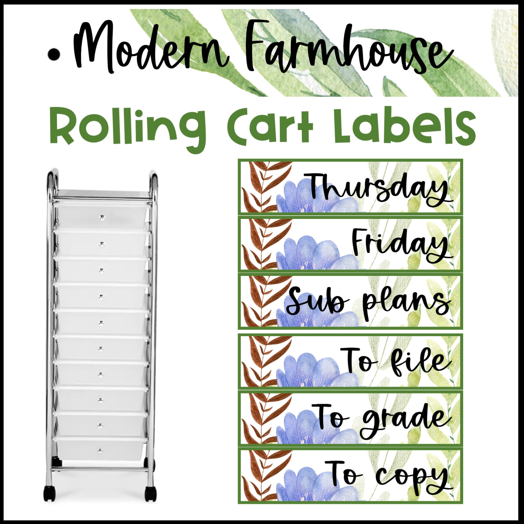 Modern Farmhouse Watercolor 10-drawer Rolling Cart Labels⎮editable - Etsy
