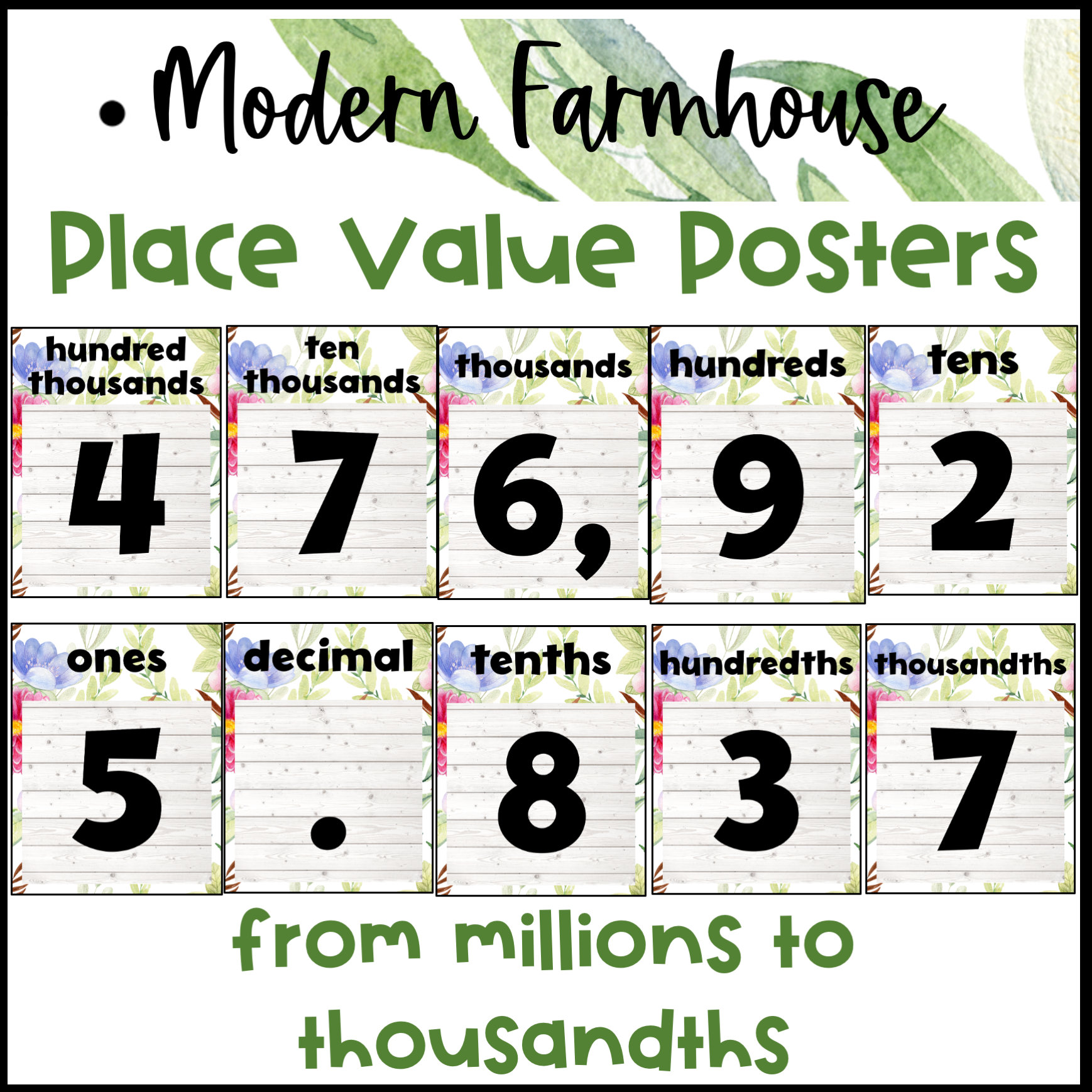 Modern Farmhouse Place Value Posters Watercolor Classroom Decor - Etsy