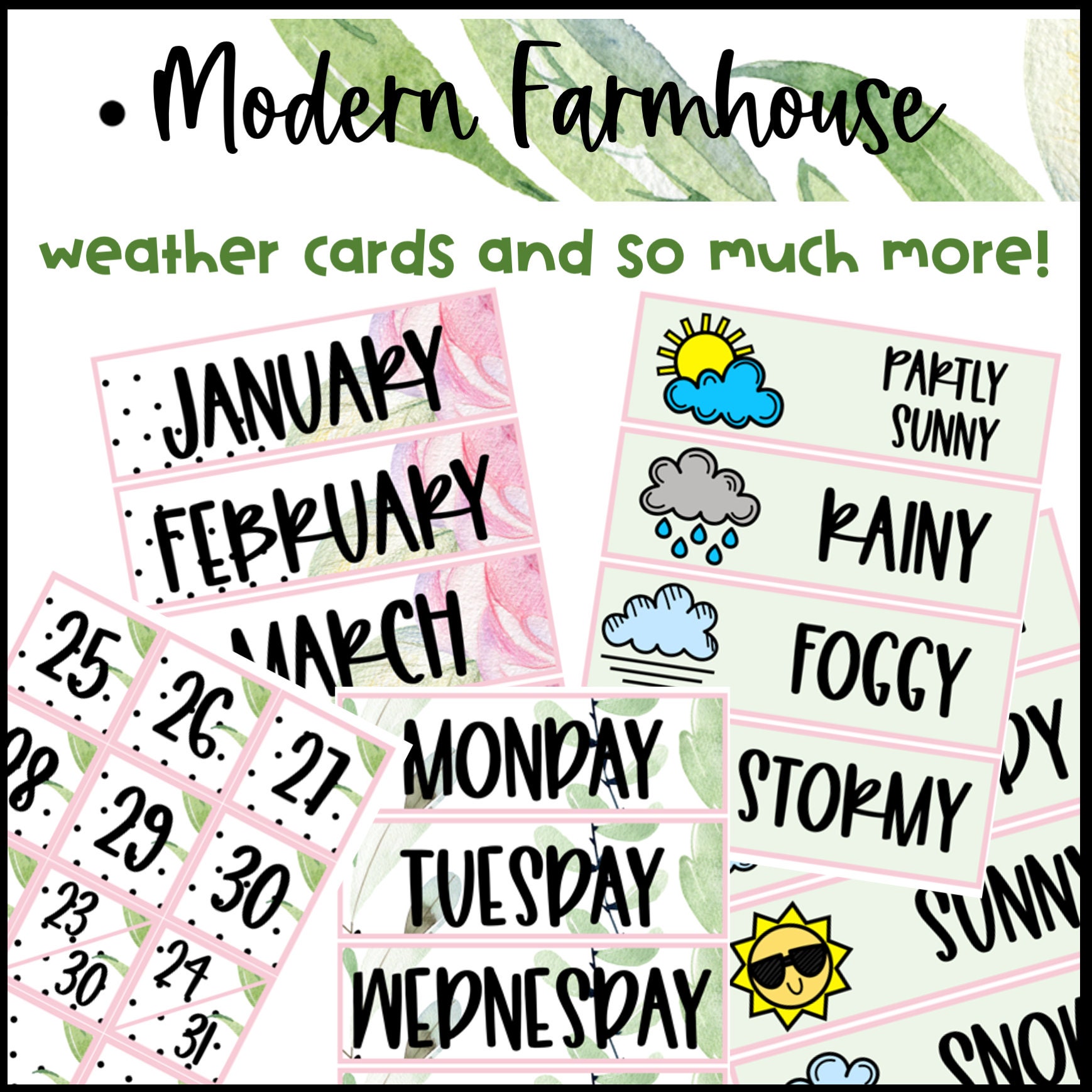 Modern Farmhouse Editable Calendar Inserts Calming Watercolor Classroom ...