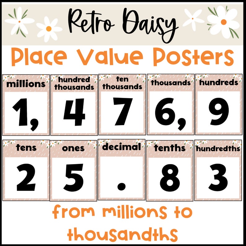 Retro Boho Daisy Themed Place Value Posters Calming Color - Etsy