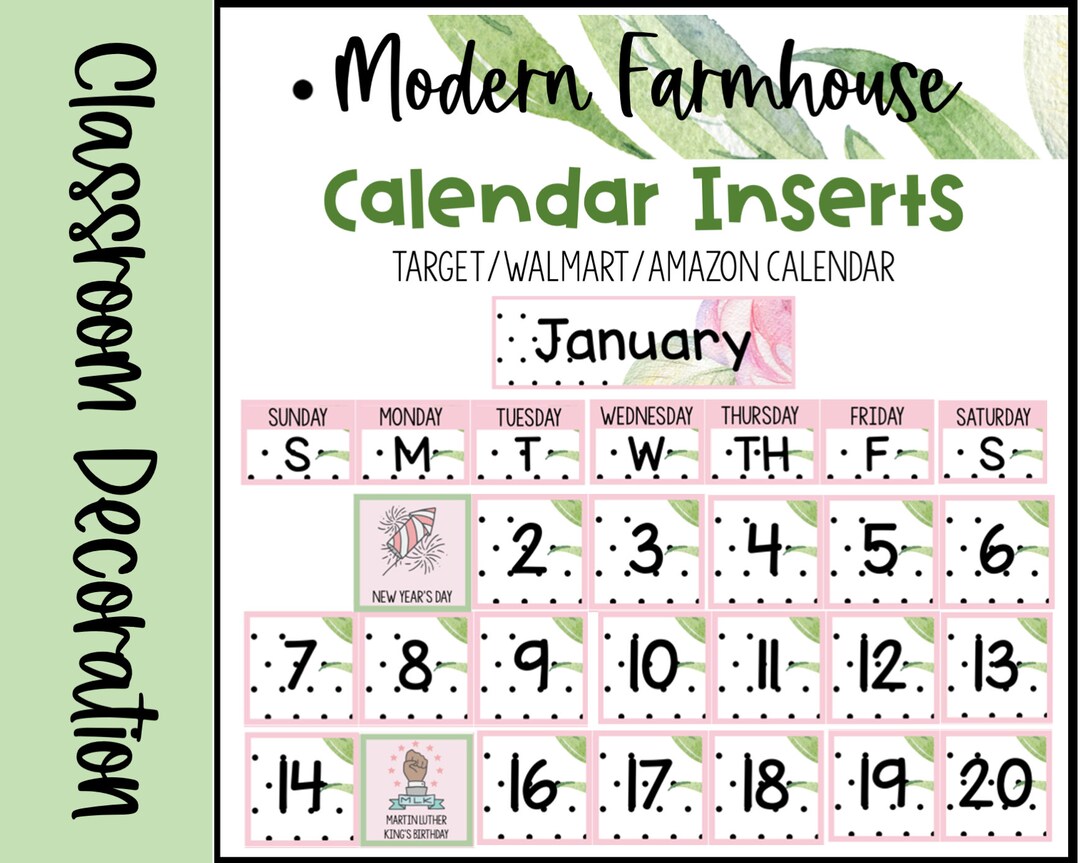 Modern Farmhouse Editable Calendar Inserts Calming Watercolor Classroom ...
