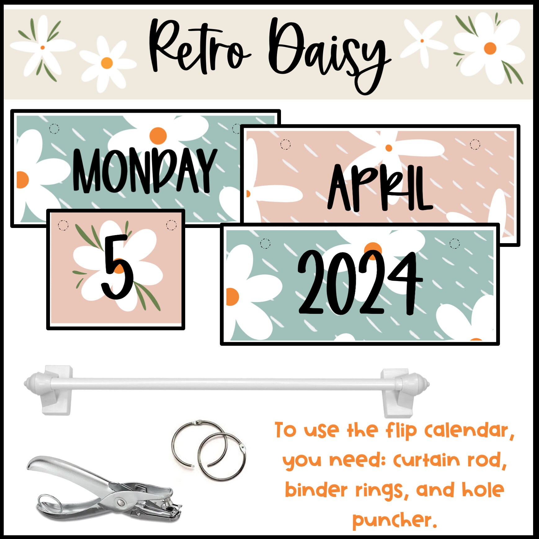 Retro Boho Daisy Themed Editable Flip Calendar Calming Color Classroom ...