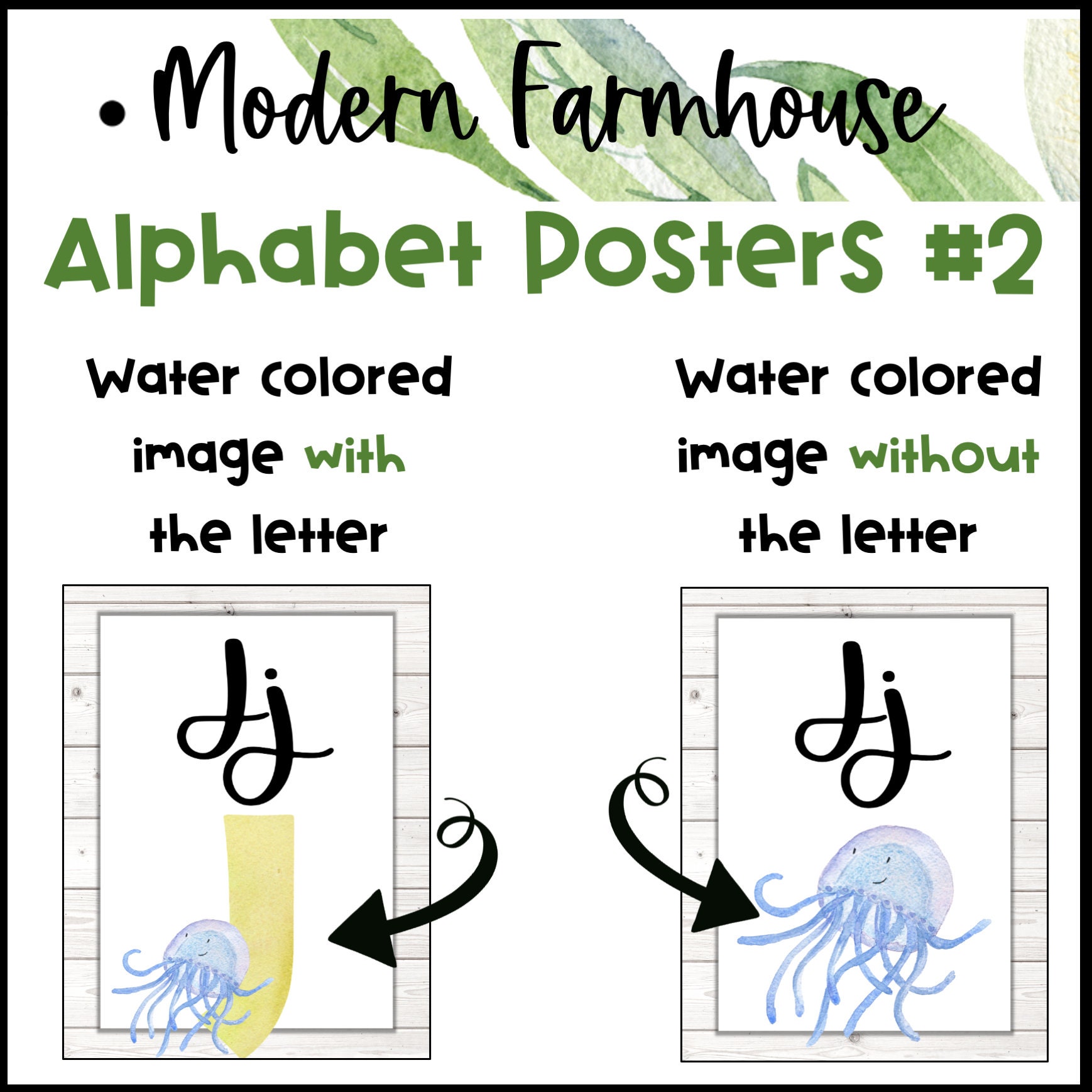 Modern Farmhouse Watercolored Alphabet Posters With White Wood ...
