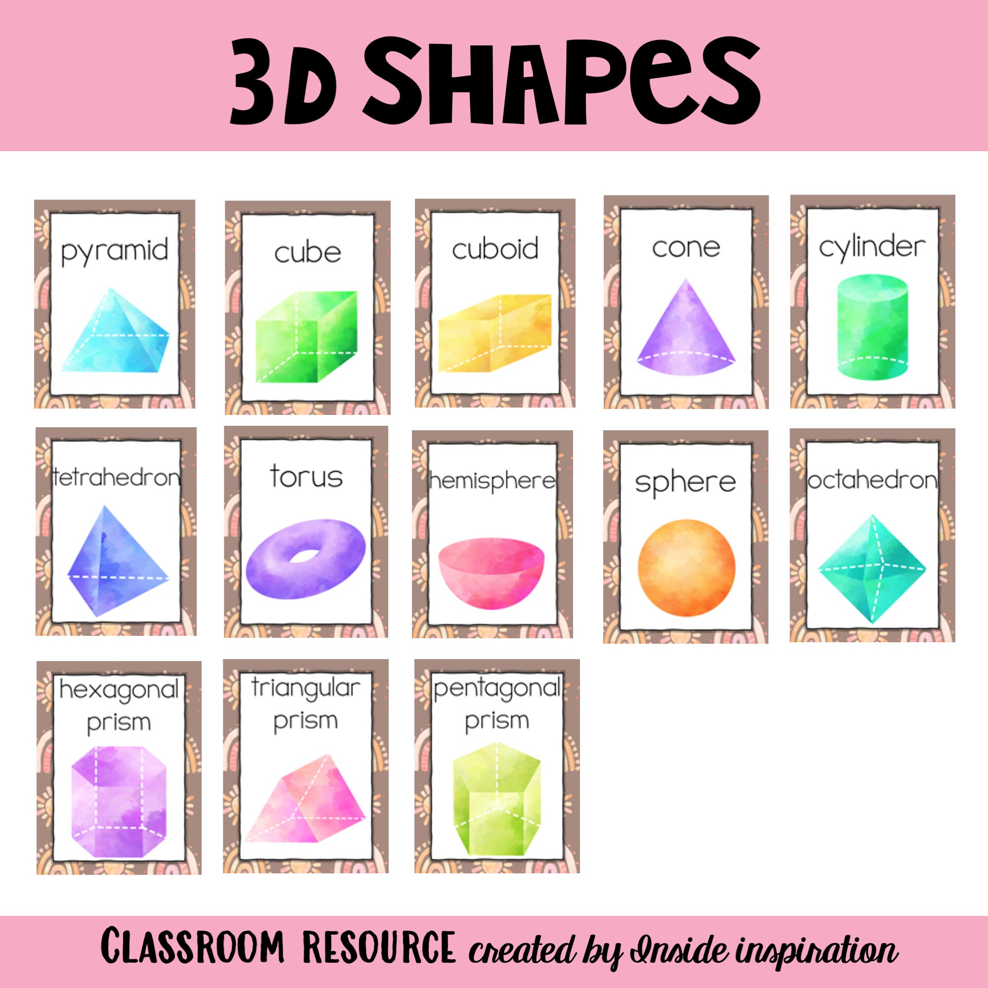 Boho Rainbow Theme Watercolor 2D and 3D Shape Posters Classroom Decor ...