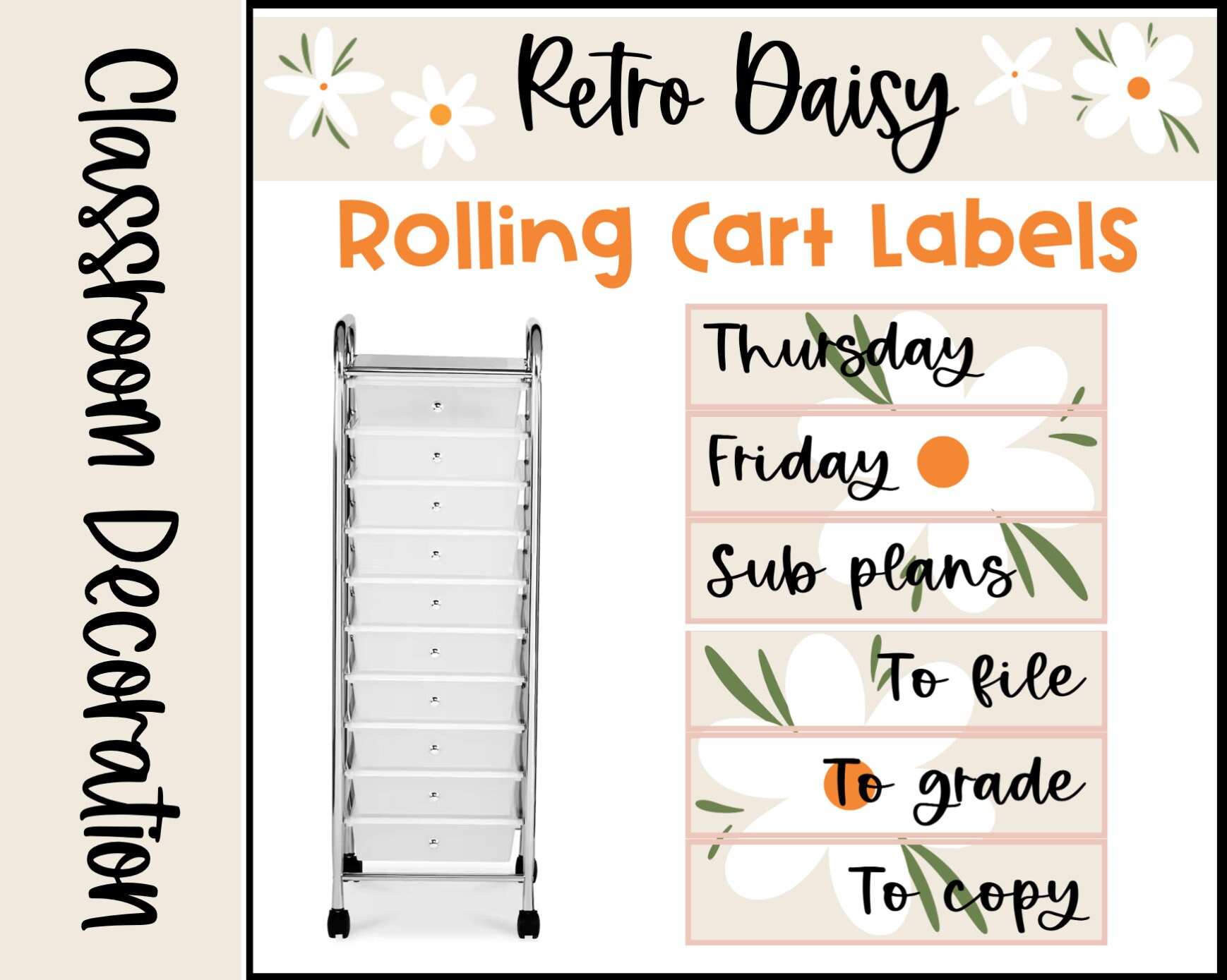 Retro Boho Daisy Themed 10-drawer Rolling Cart Labels⎮editable - Etsy