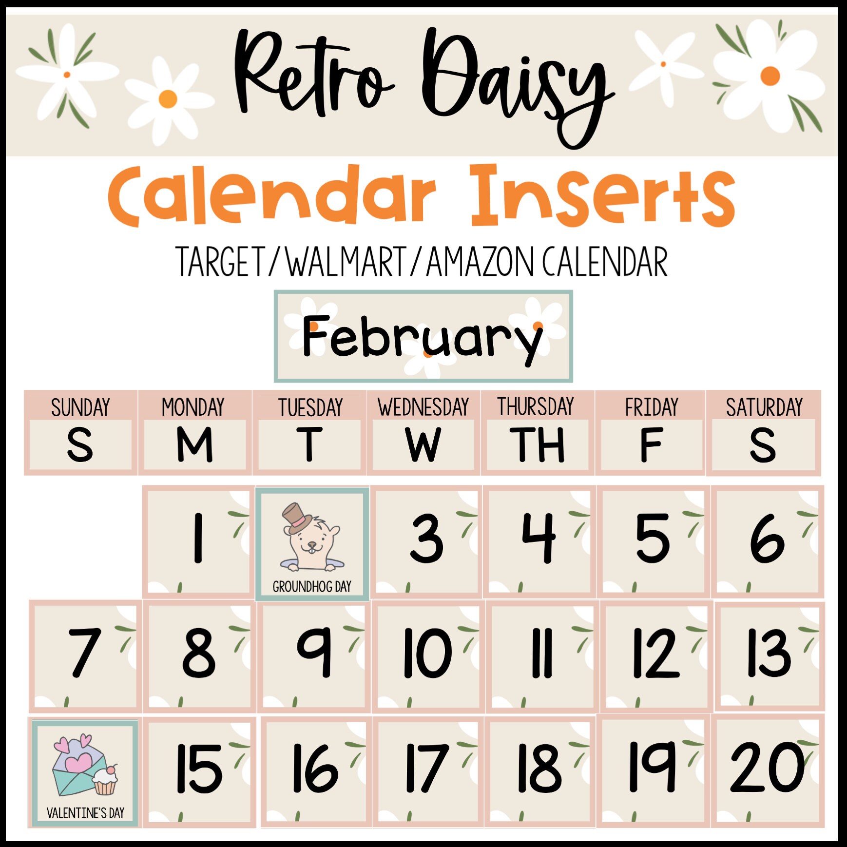 Retro Boho Daisy Themed Editable Calendar Inserts Calming Color ...