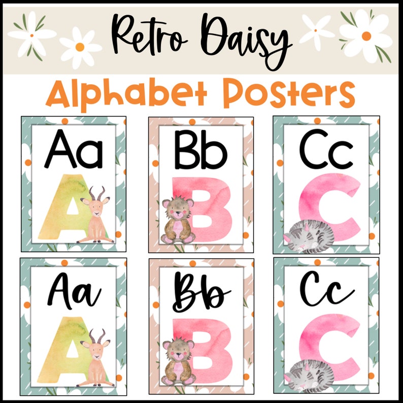 Retro Boho Daisy Themed Alphabet Posters Calming Color - Etsy