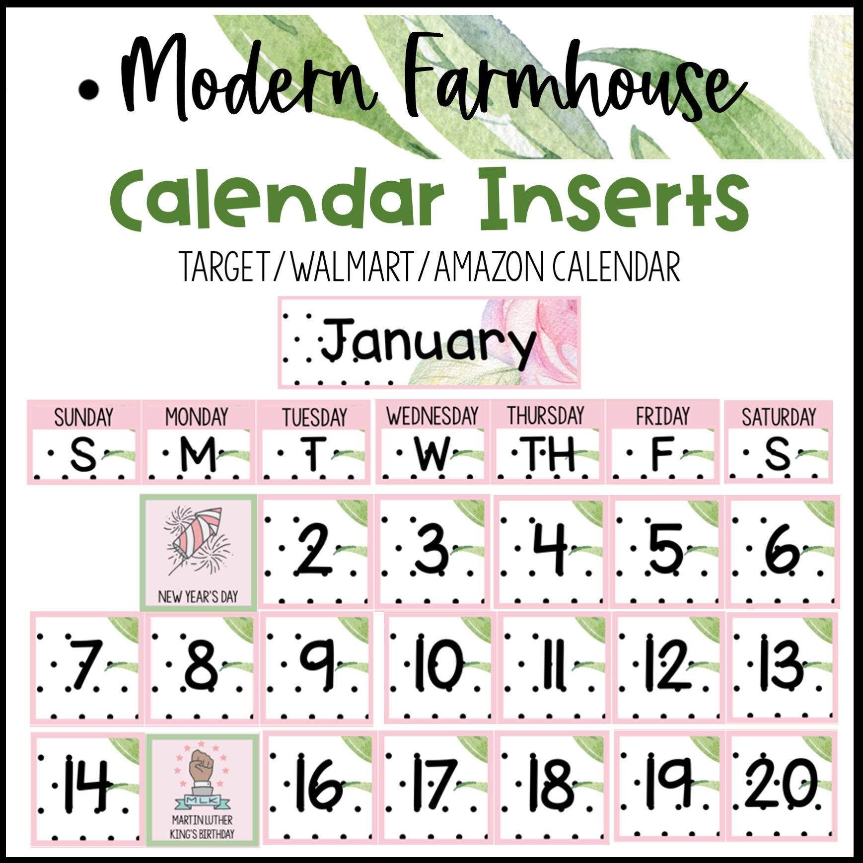 Modern Farmhouse Editable Calendar Inserts Calming Watercolor Classroom ...