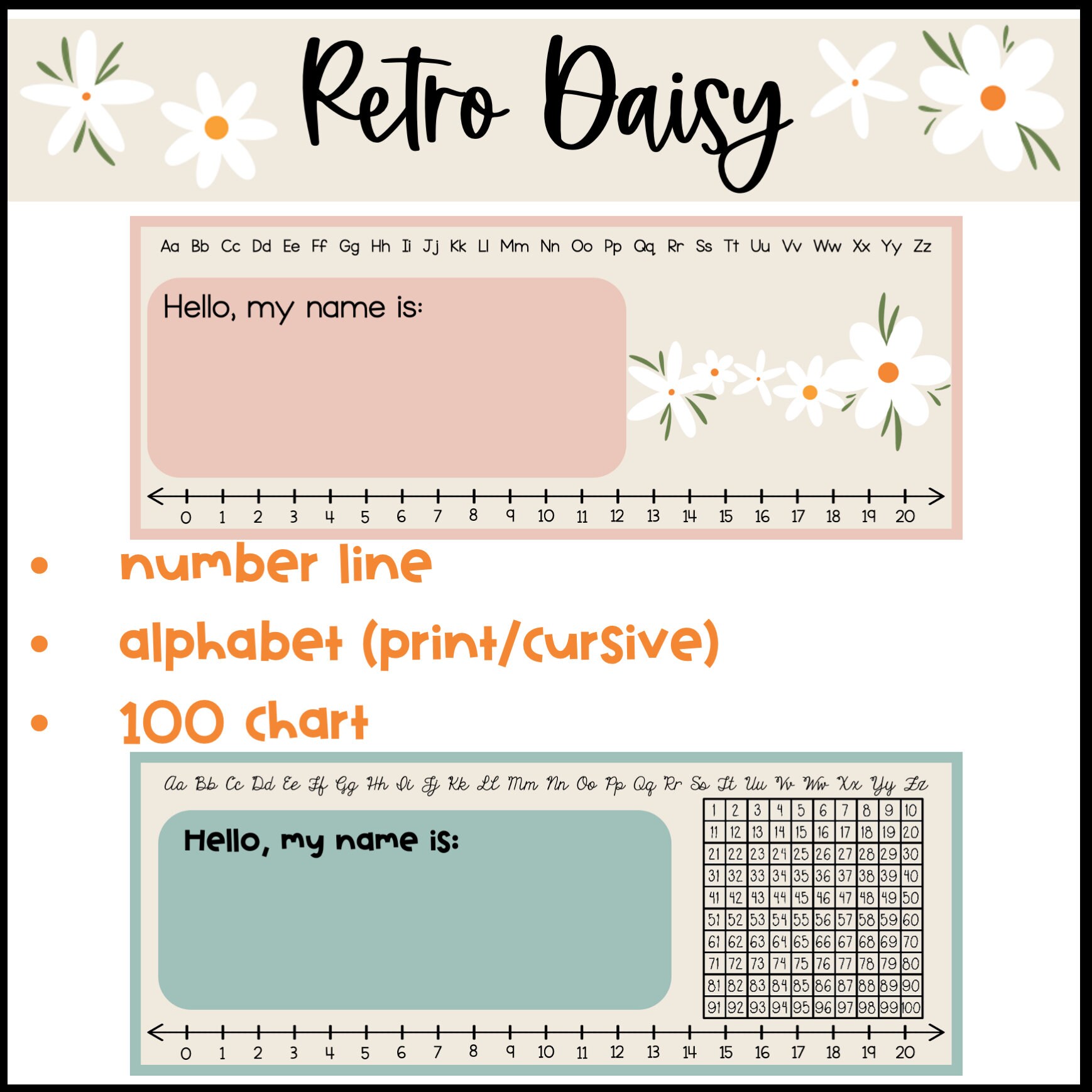 Retro Boho Daisy Themed Desk Plates Name Plates Calming Classroom ...