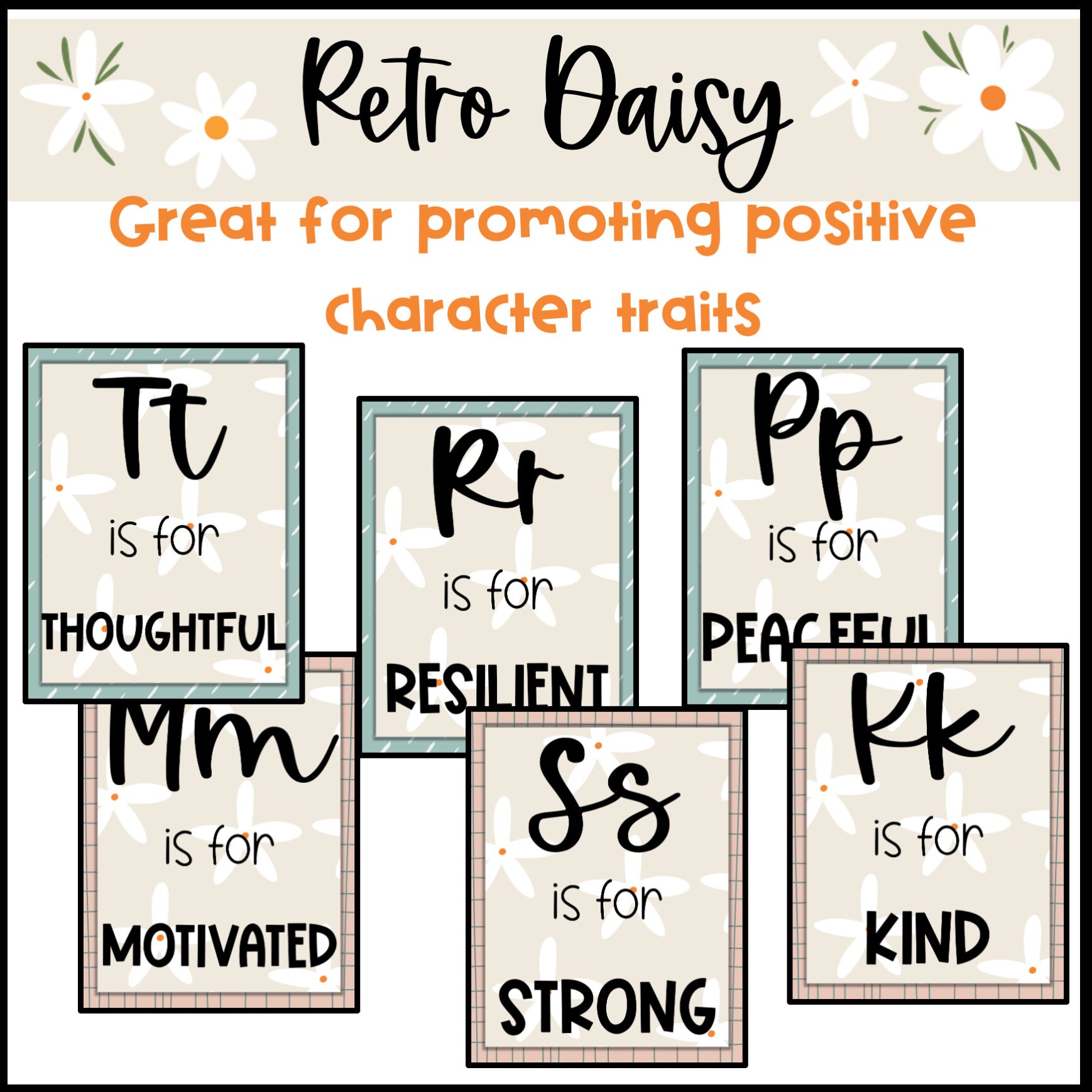 Retro Boho Daisy Themed Positive Traits Alphabet Posters Calming ...