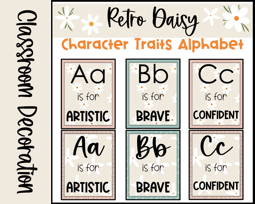 Retro Boho Daisy Themed Positive Traits Alphabet Posters Calming ...