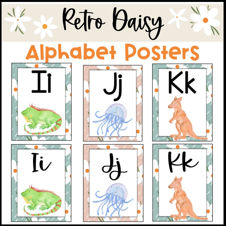 Retro Boho Daisy Themed Alphabet Posters Calming Color Classroom Decor ...