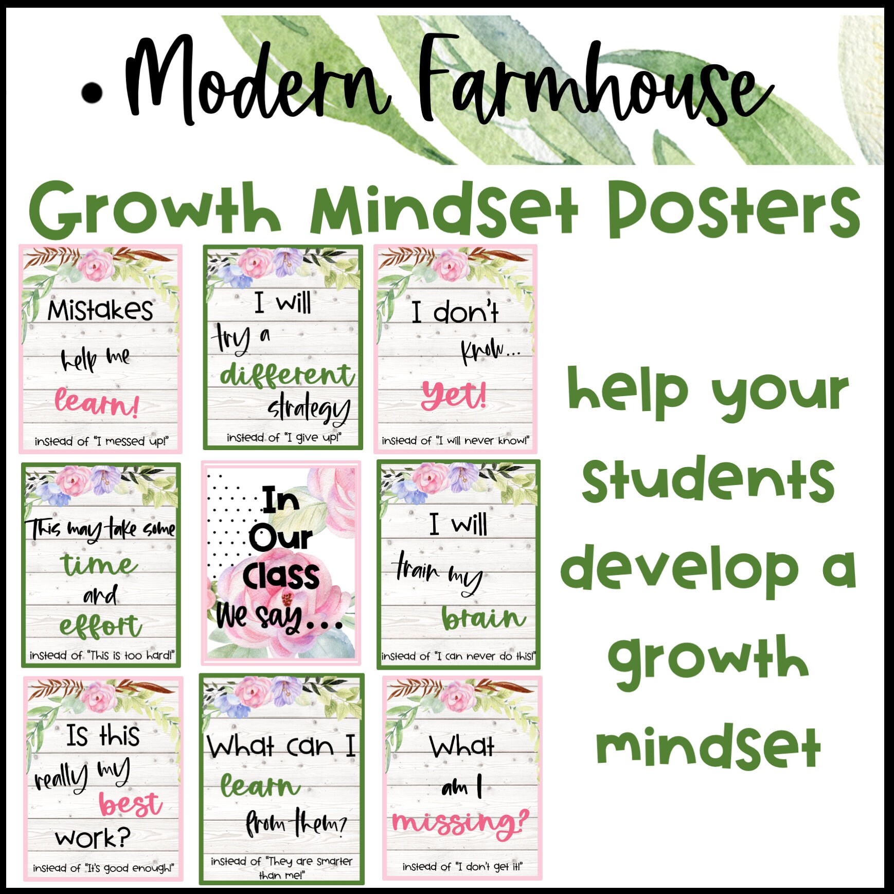 Modern Farmhouse Growth Mindset Posters Calming Watercolor Classroom ...