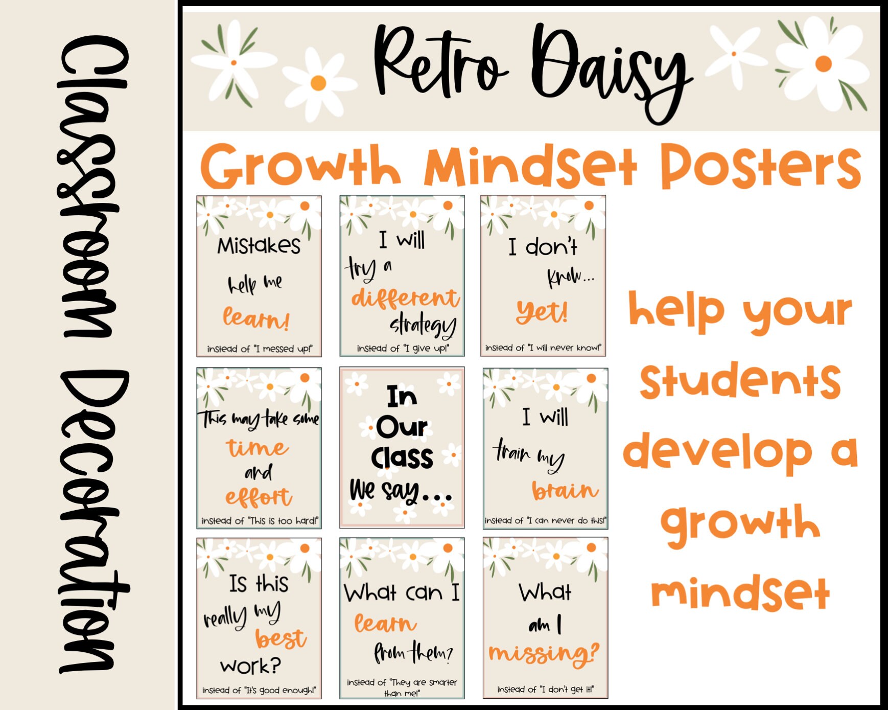 Retro Boho Daisy Themed Growth Mindset Posters Calming Classroom Decor ...