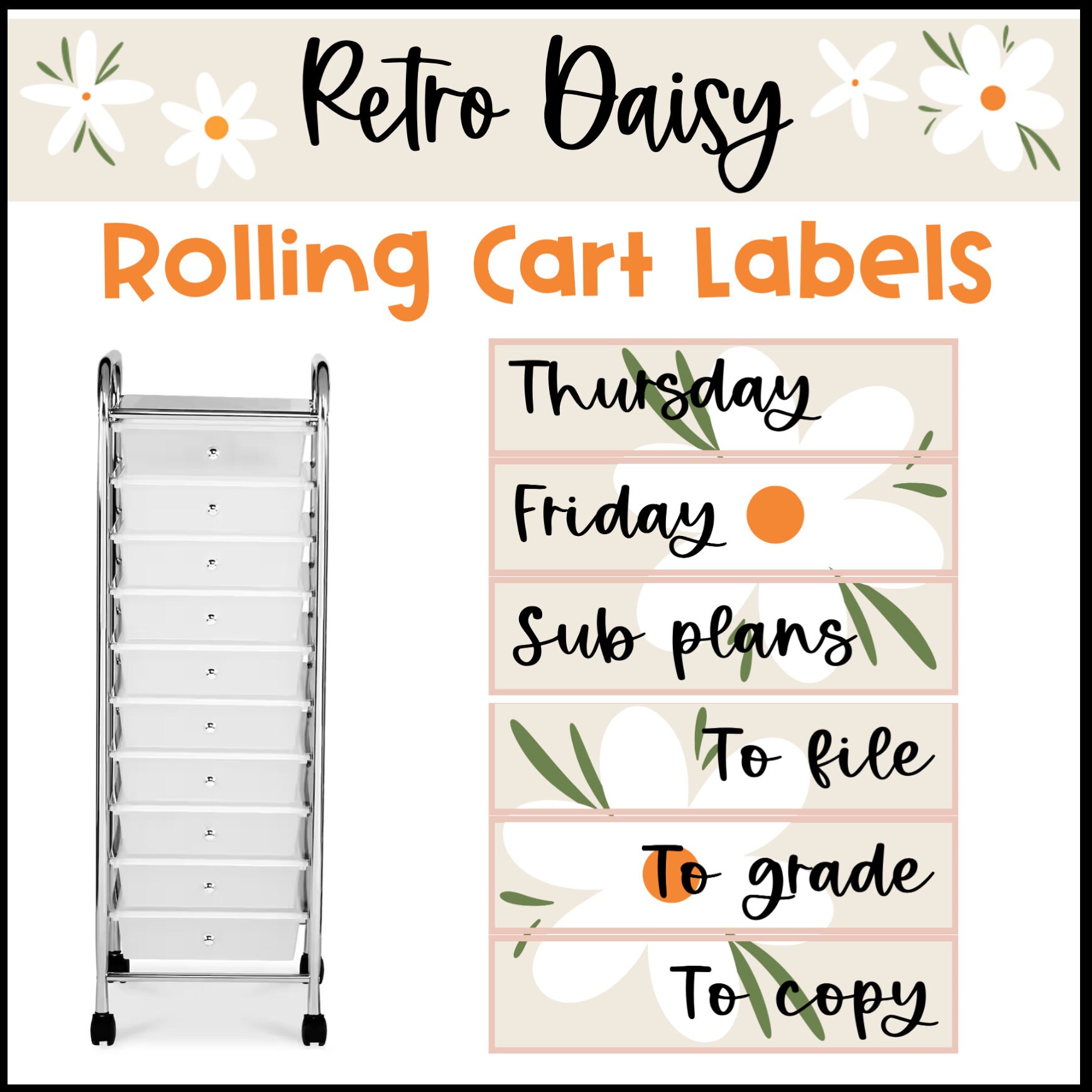 Retro Boho Daisy Themed 10-drawer Rolling Cart Labels⎮editable - Etsy