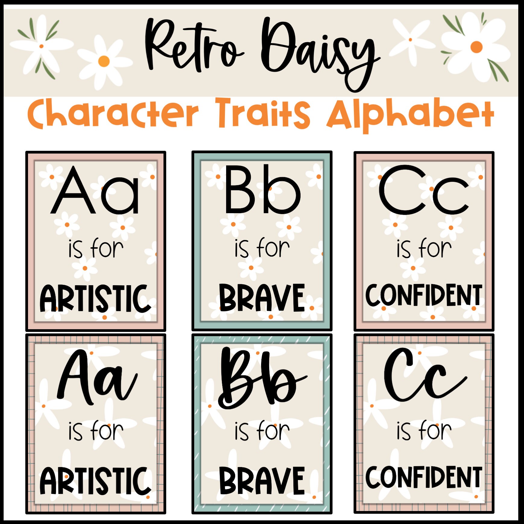 Retro Boho Daisy Themed Positive Traits Alphabet Posters Calming ...