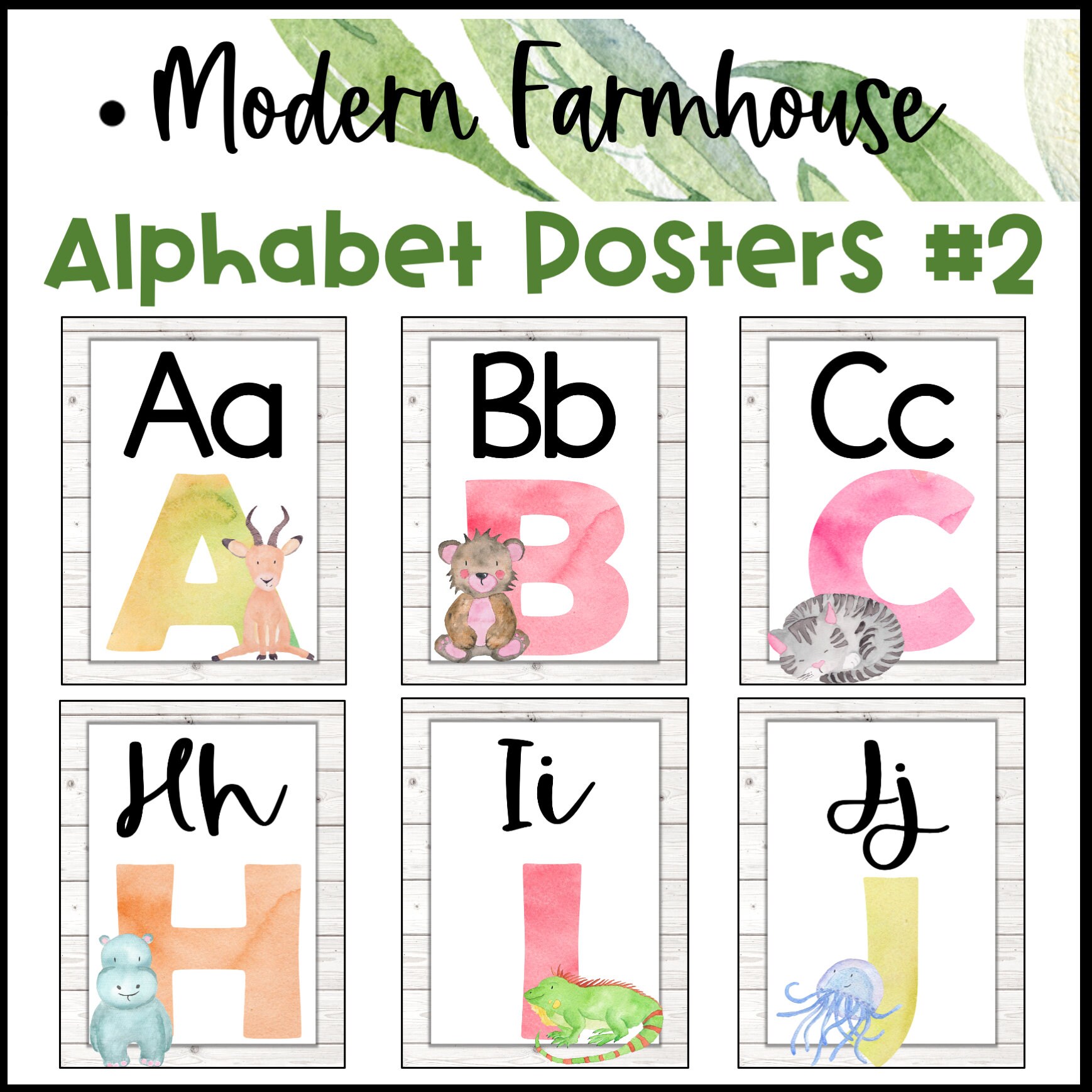 Modern Farmhouse Watercolored Alphabet Posters With White Wood ...