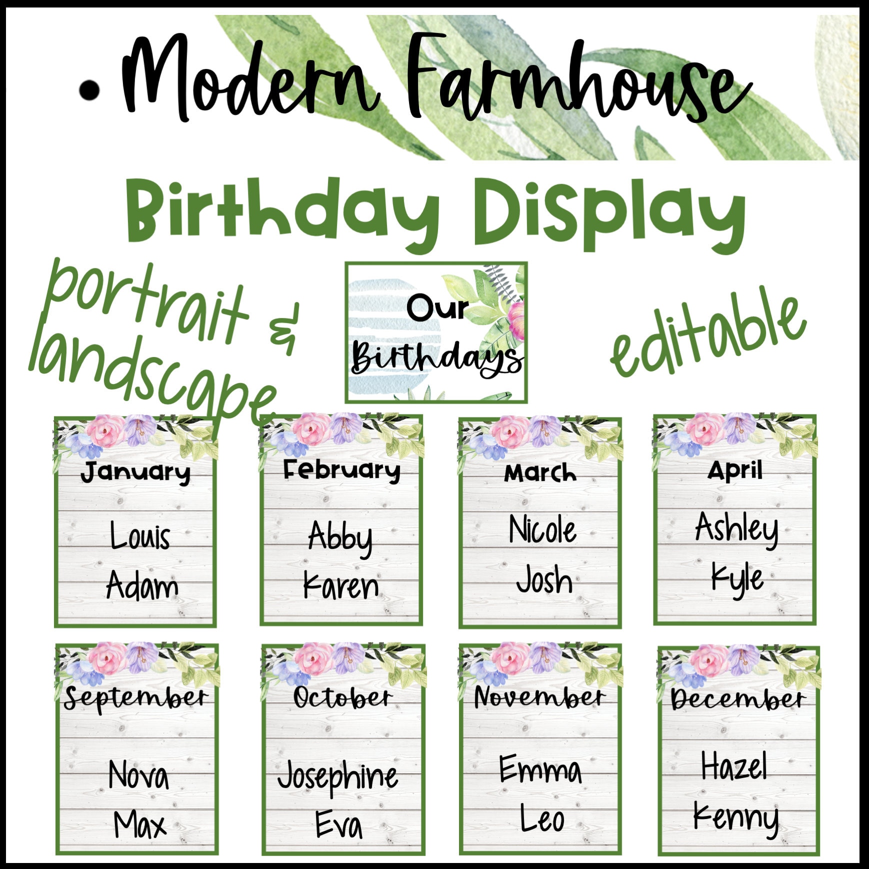 Modern Farmhouse Birthday Display Calming Watercolor Classroom Decor ...