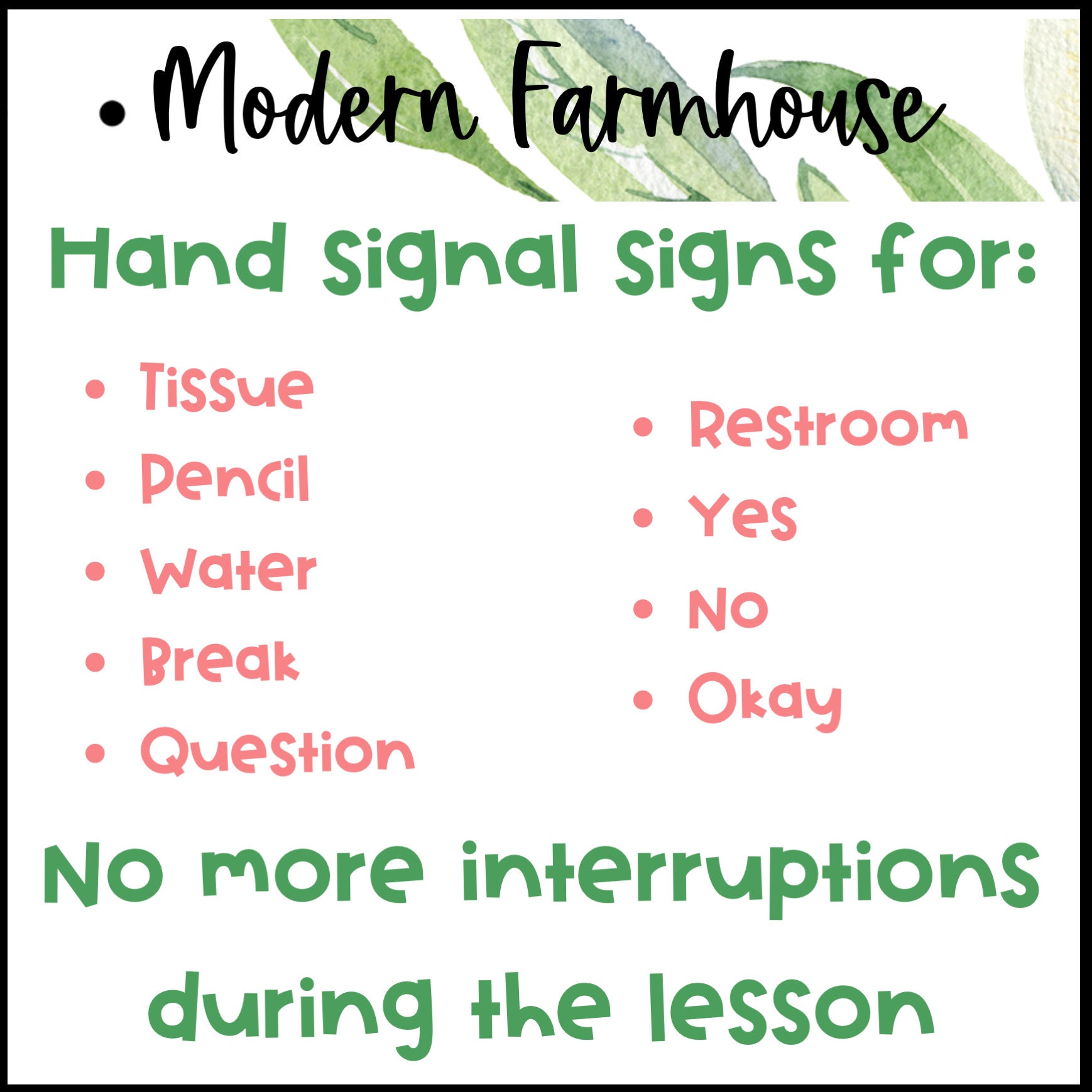 Modern Farmhouse Hand Signal Signs Calming Watercolor Classroom Decor ...